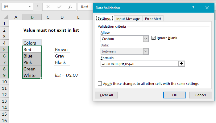 Excel Formula Data Validation Must Not Exist In List